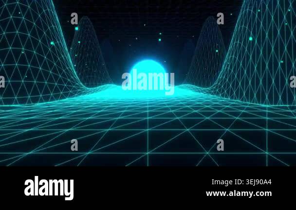 Retro futuristic 80s synthwave landscape with glowing blue sun, moving ...