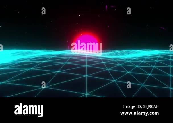 Synthwave retro landscape with glowing pink neon sun and cyan wireframe ...