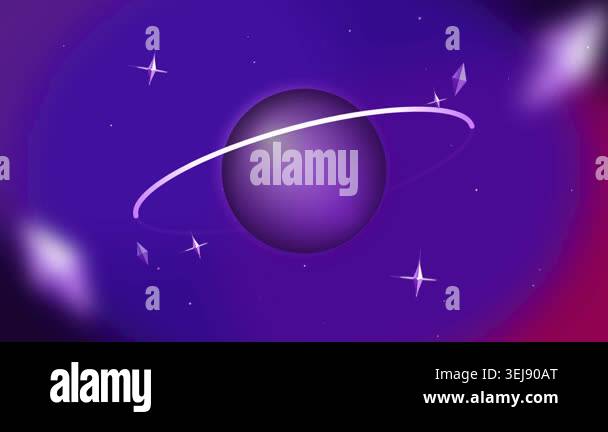 Stylized cartoon animation of a purple ringed planet spinning in outer ...