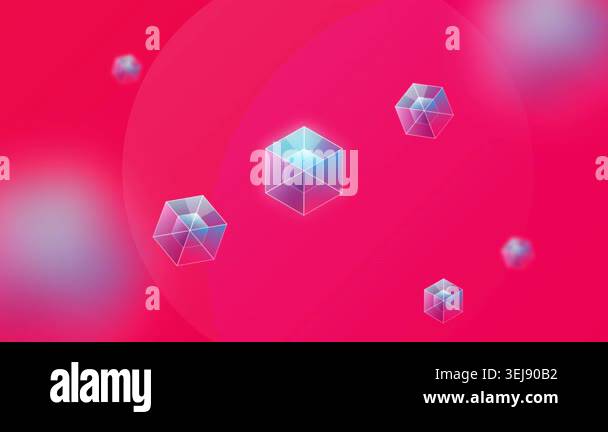 Abstract 3D animation of glowing translucent geometric cubes floating ...
