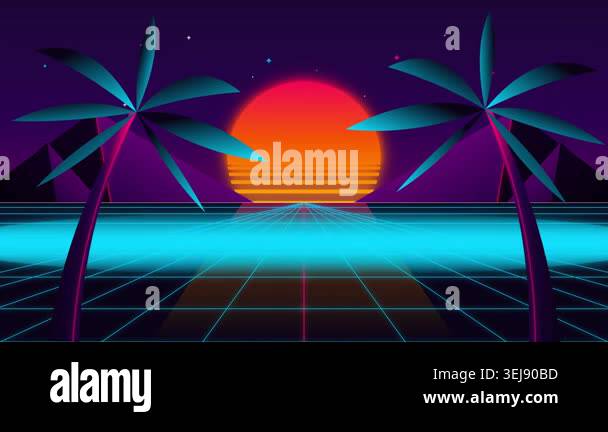 Synthwave retro futuristic landscape with neon grid, glowing sun, and ...