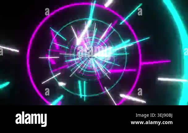 Seamless loop of flying through a glowing neon tunnel with cyan and ...