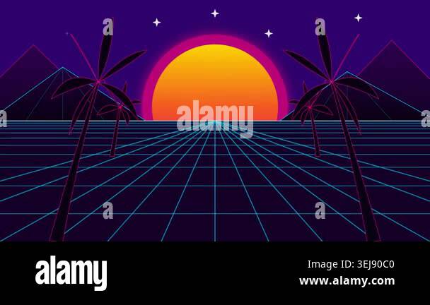 Retro 1980s synthwave landscape with glowing sunset, neon grid, and ...