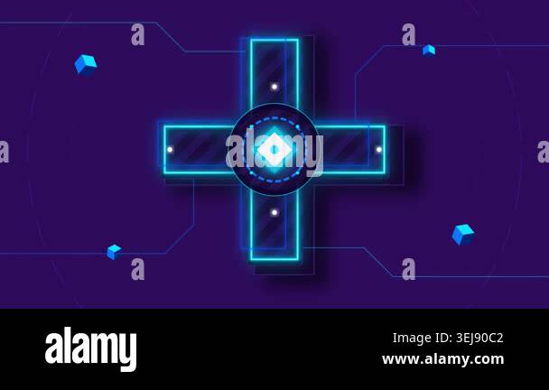 Abstract futuristic technology cross interface with glowing blue neon ...