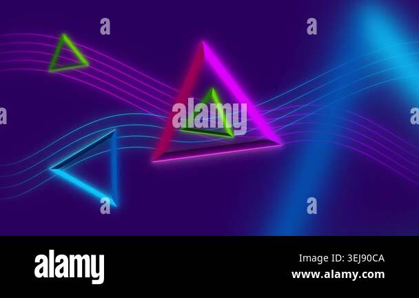 Abstract background with rotating neon 3D triangles, colorful glowing ...