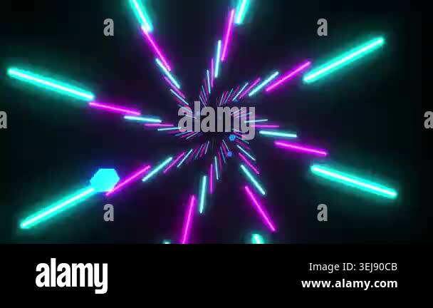 Abstract neon spiral tunnel with flashing cyan and magenta lines on ...