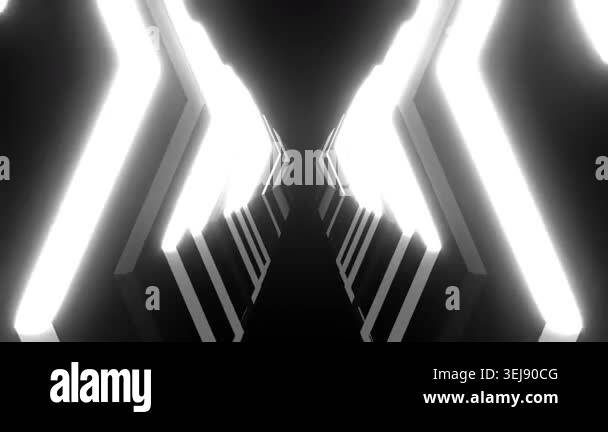 Symmetrical futuristic corridor with glowing white neon arrow lights ...