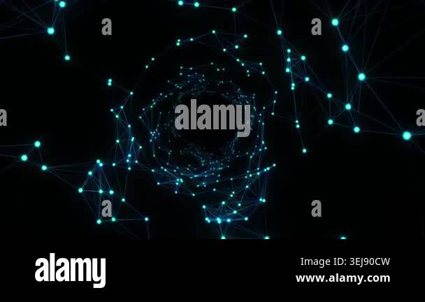 Abstract cyan digital plexus tunnel of glowing nodes and lines on black ...