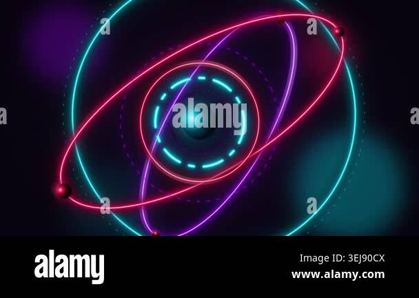 Abstract neon glowing atom or eye symbol with rotating orbits ...
