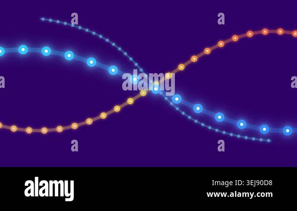 Abstract animation of waving glowing dotted lines of light ...