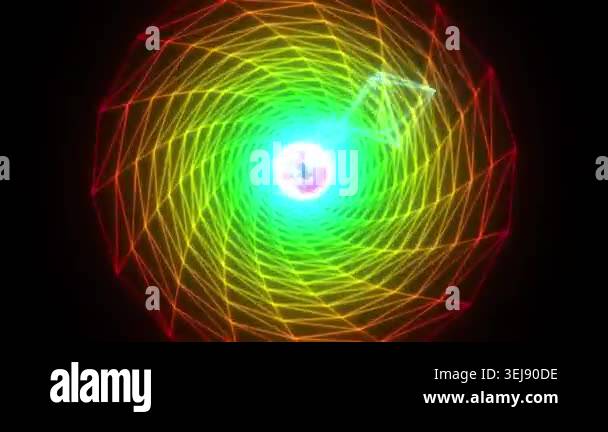 Seamless loop of a glowing neon wireframe tunnel with shifting vibrant ...