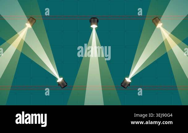 Animated stage spotlights on trusses moving and casting beams of light ...