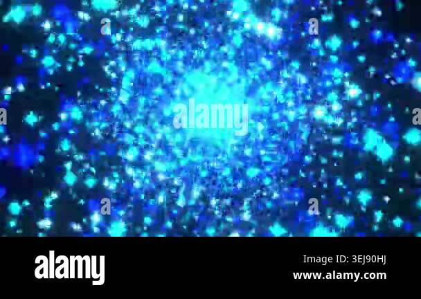 Abstract loop of glowing blue and cyan stars radiating from a central ...
