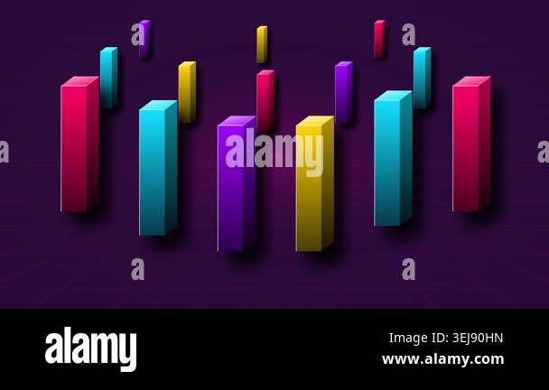 Colorful 3D rectangular columns floating in a circle over a purple grid ...