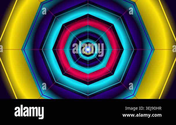 Abstract geometric tunnel with colorful neon octagons, retro futuristic ...
