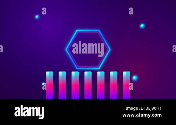 Abstract neon glowing hexagon rotating with colorful equalizer bars on ...