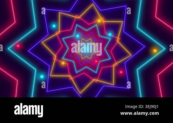 Colorful glowing neon star shapes tunnel loop with rotating glowing ...