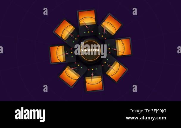 Circular arrangement of vintage analog VU meters with fluctuating ...