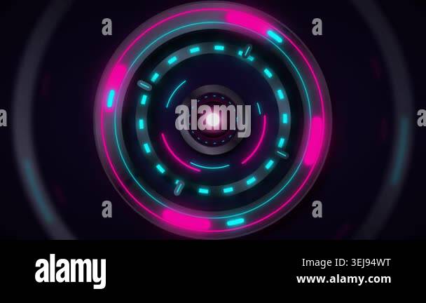 Futuristic neon HUD interface with rotating circular elements, abstract ...