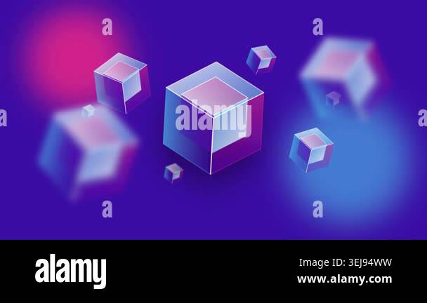 Glowing translucent 3D geometric cubes floating on a neon purple ...