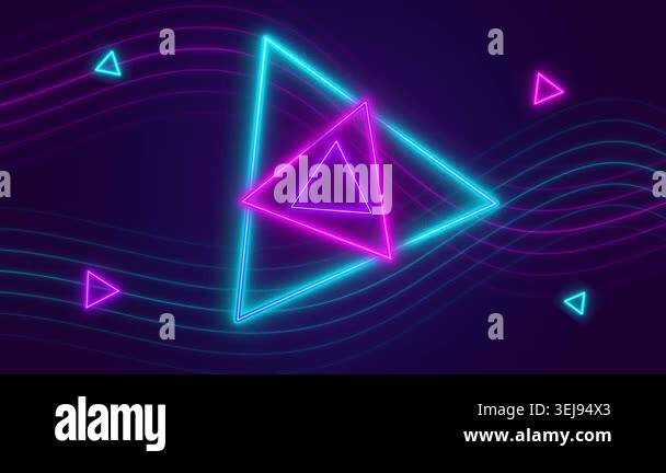 Futuristic neon triangle animation rotating on dark background with ...