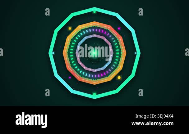 Futuristic circular HUD interface with neon glowing rings rotating on a ...