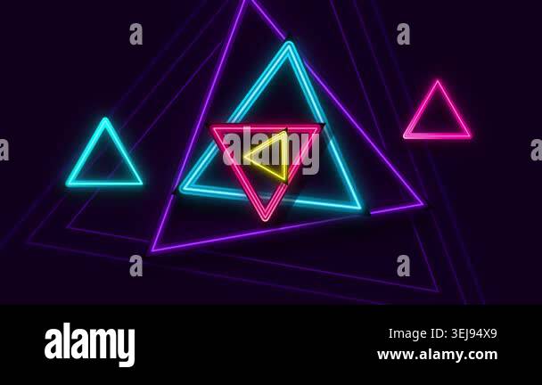 Colorful neon geometric triangles rotating and shifting in a tunnel ...