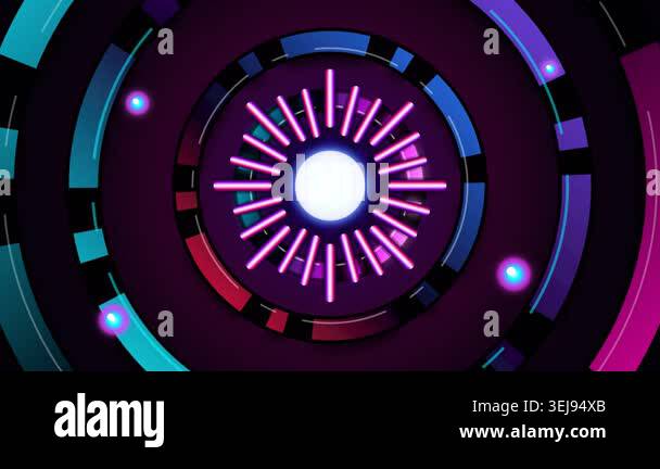 Futuristic neon HUD interface with spinning rings and glowing central ...