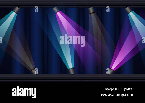 Colorful stage spotlights shining and moving on a dark blue curtain ...