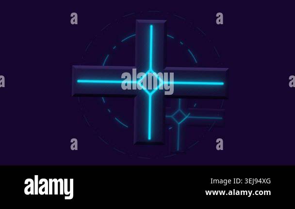 Futuristic 3D cross with glowing neon blue circuit lines and rotating ...