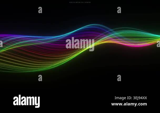 Glowing multi-colored neon light waves flowing across a black ...