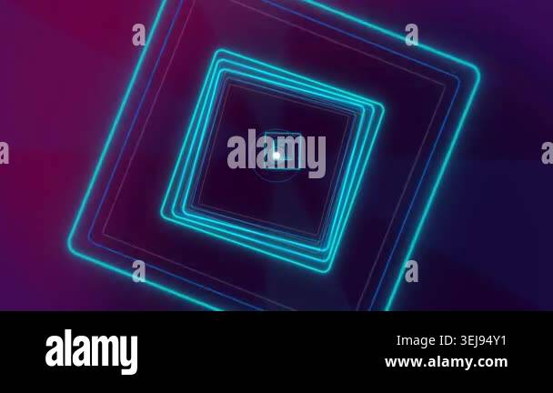 Glowing neon cyan squares forming a futuristic tunnel on a dark purple ...