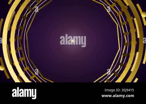 Elegant golden abstract circles rotating on dark purple background with ...