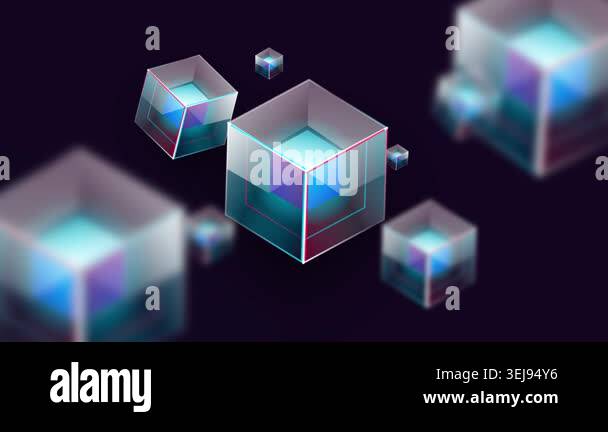 Glowing futuristic glass cubes rotating in digital space, abstract data ...