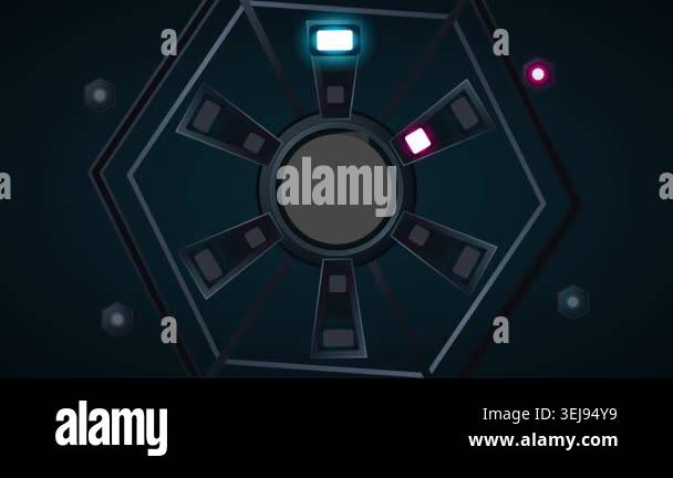 Futuristic rotating sci-fi interface with glowing cyan and pink lights ...