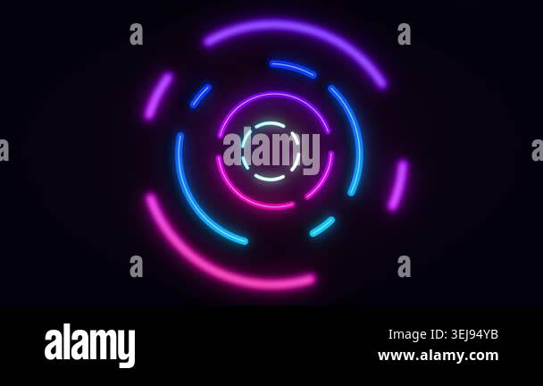 Concentric glowing neon circles rotating on a black background ...
