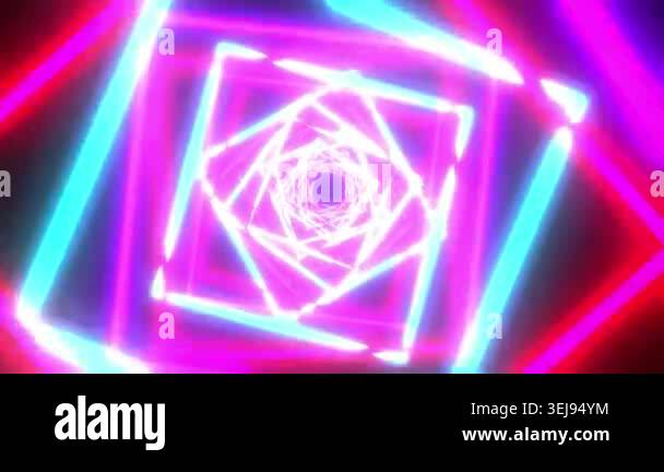 Flying through a spinning neon square tunnel of cyan and magenta lights ...