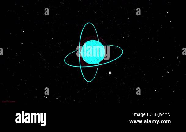 Futuristic neon blue wireframe sphere rotating with orbital rings in ...