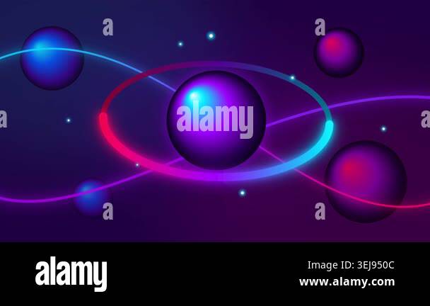 Futuristic abstract animation of glowing neon orbital rings surrounding ...
