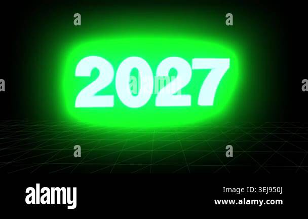 Futuristic year 2027 text glowing in bright neon green over a dark ...