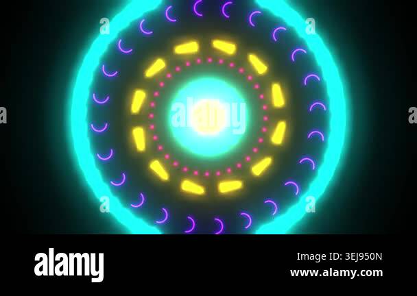Glowing abstract neon circle pattern with rotating geometric shapes ...