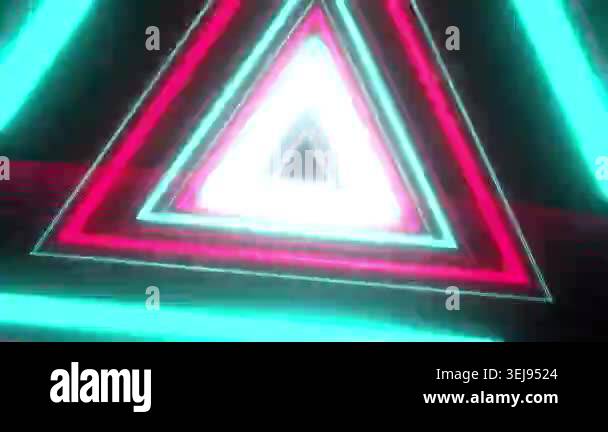 Retro 80s synthwave neon triangle tunnel with glowing pink and blue ...