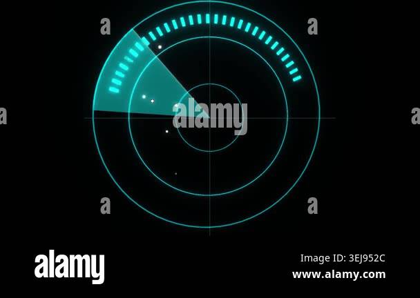 Cyan glowing radar screen scanning for targets on a black background ...