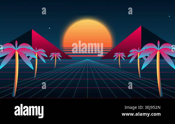 Retro 80s style synthwave background with glowing sunset, neon palm ...