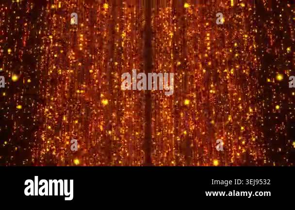 Golden glowing particles falling vertically in a digital matrix grid ...