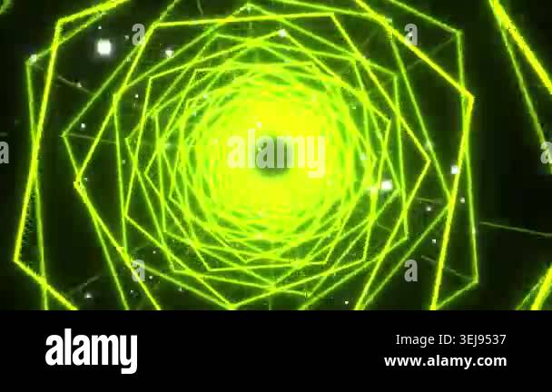 Flying through a glowing neon green geometric hexagon tunnel ...