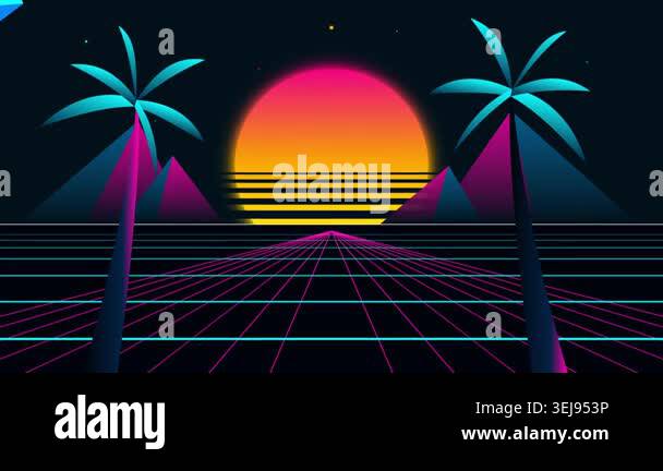Retro 80s synthwave style background animation with a glowing sunset ...