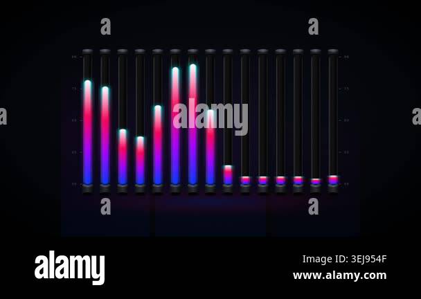 Neon glowing digital audio equalizer bar graph moving up and down on a ...