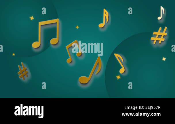 Golden music notes and sharp symbols floating on a green background ...