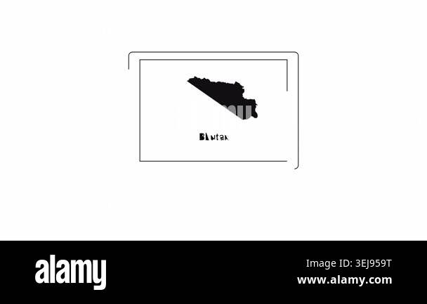 A minimalist outline graphic of a laptop displaying the map of Bhutan ...